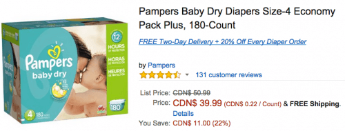 Amazon Canada Offers: Save 22% On Pampers Baby Dry Diapers Size-4 ...