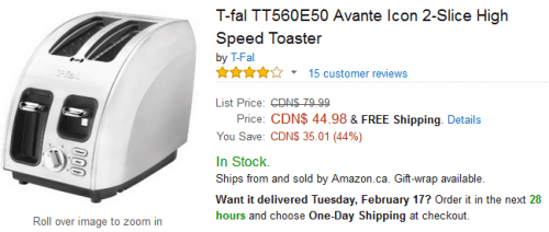Amazon.ca Deals: 44% Off T-fal TT560E50 Avante Icon 2-Slice High Speed ...