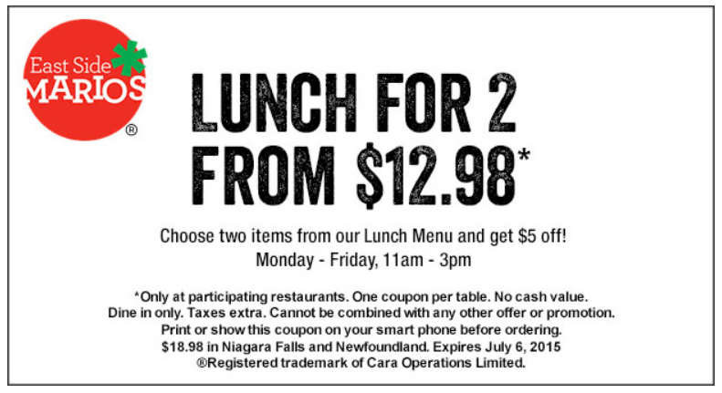 East Side Mario's Canada New Coupons: Lunch for 2 From $12.98, FREE ...