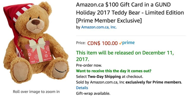 Amazon Canada Deals: FREE Holiday Teddy Bear with a $100 Gift Card ...