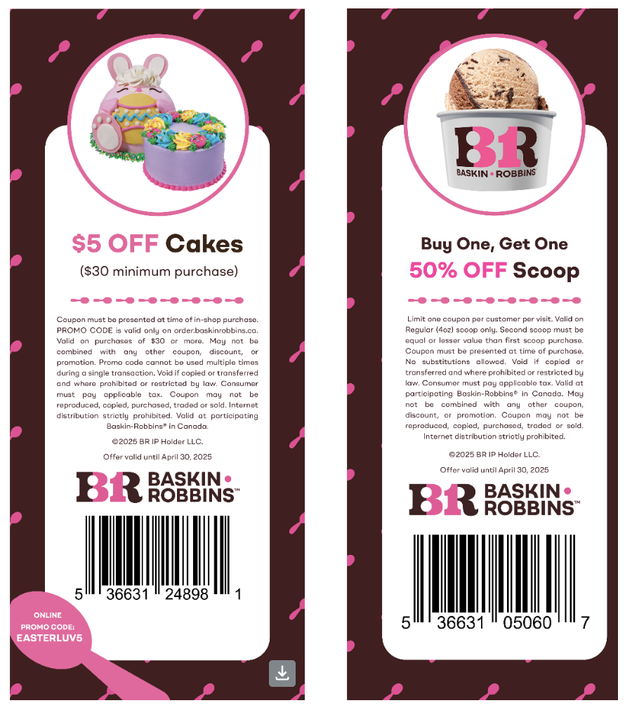 Baskin Robbins Canada New Coupons: BOGO 50% Off Scoops + $5 off Cake ...