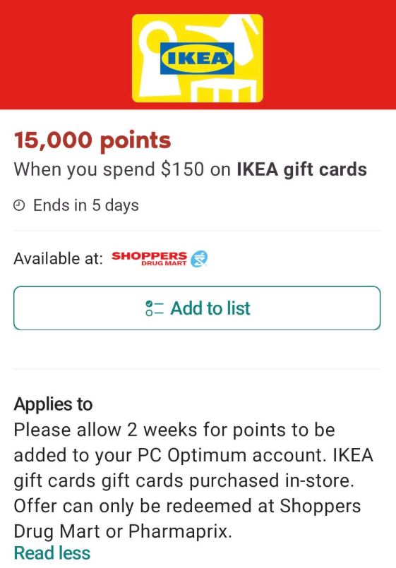 Shoppers Drug Mart Canada PC Optimum Offers: 15,000 Points When You Spend $150 on IKEA Gift ...