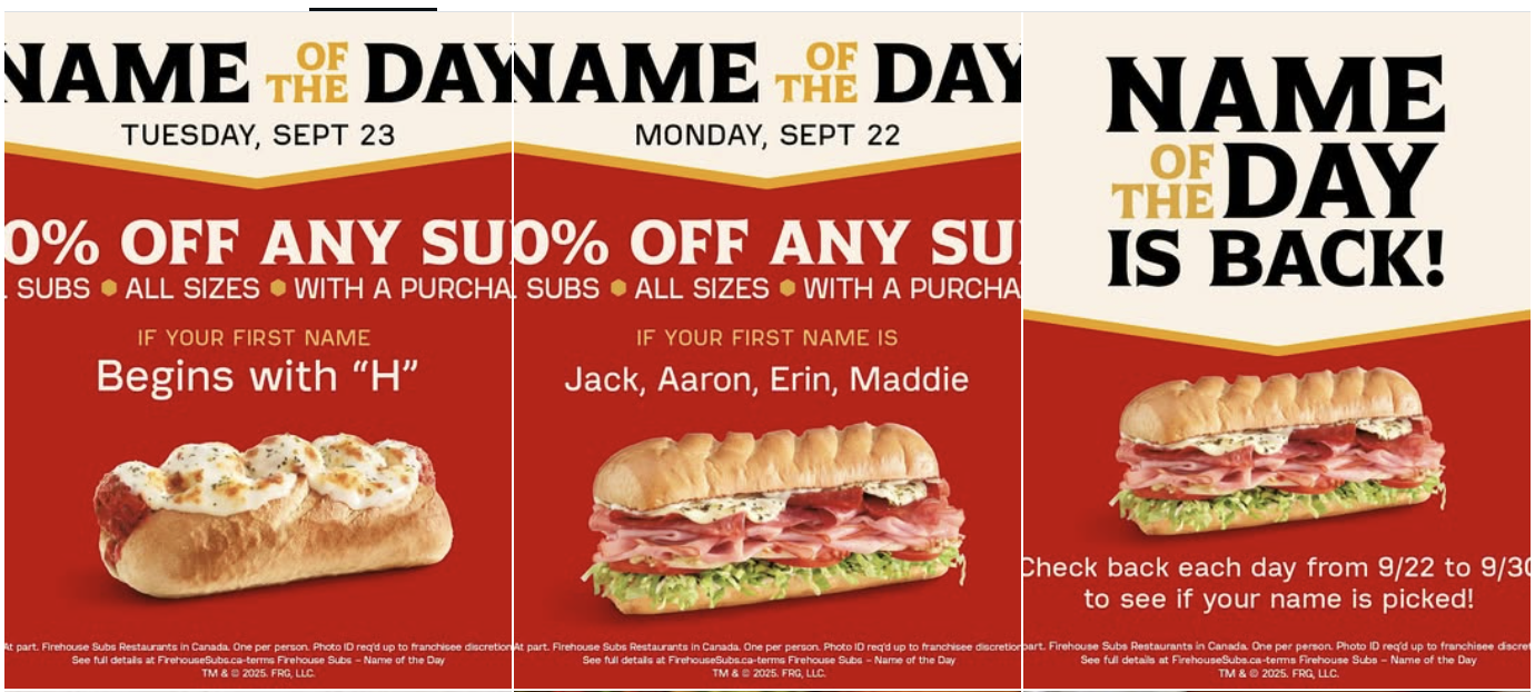 Firehouse Subs Canada Name of the Day Promotion: Chosen Names Will Get ...