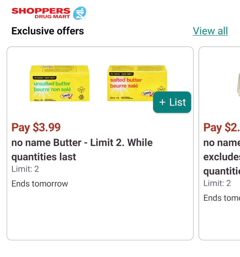 Shoppers Drug Mart Canada Flash Sale: Pay $3.99 For No Name Butter and ...