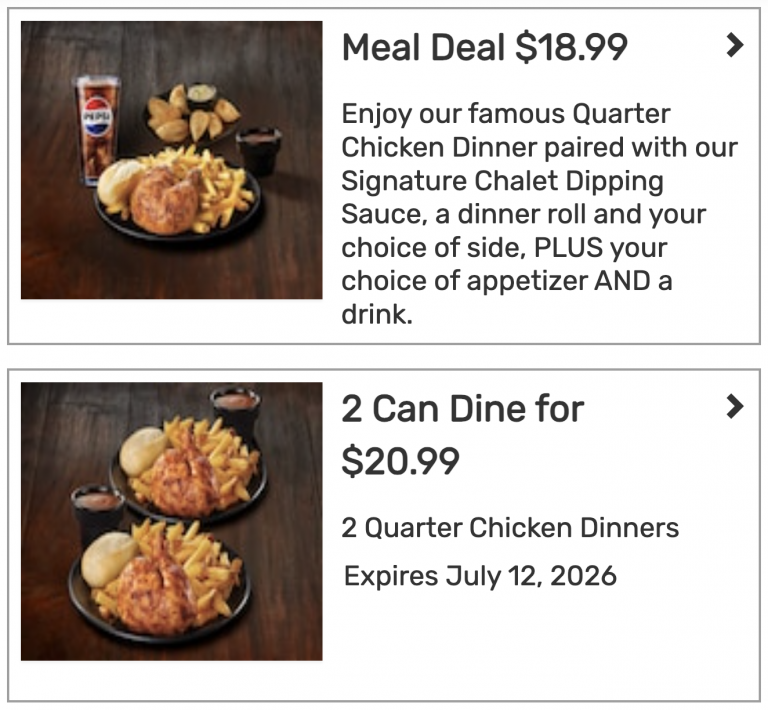 Swiss Chalet Canada Promotions: FREE Quarter Chicken Dinner Coupon ...